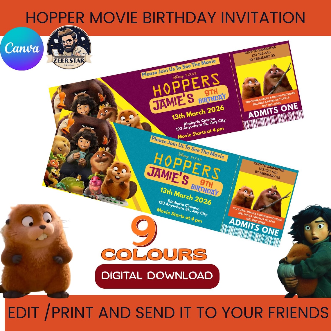 Hoppers Movie Birthday Invitation, Animal Cinema Ticket, Canva Template ...