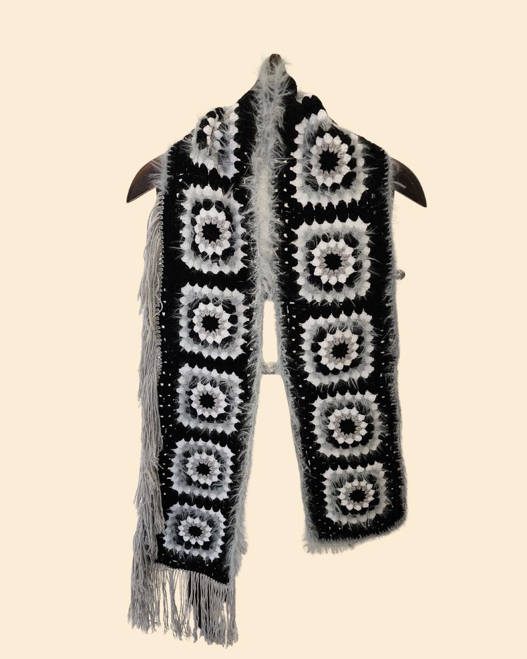 Black & White Feather-soft Granny Square Scarf – Handmade Crochet Scarf ...