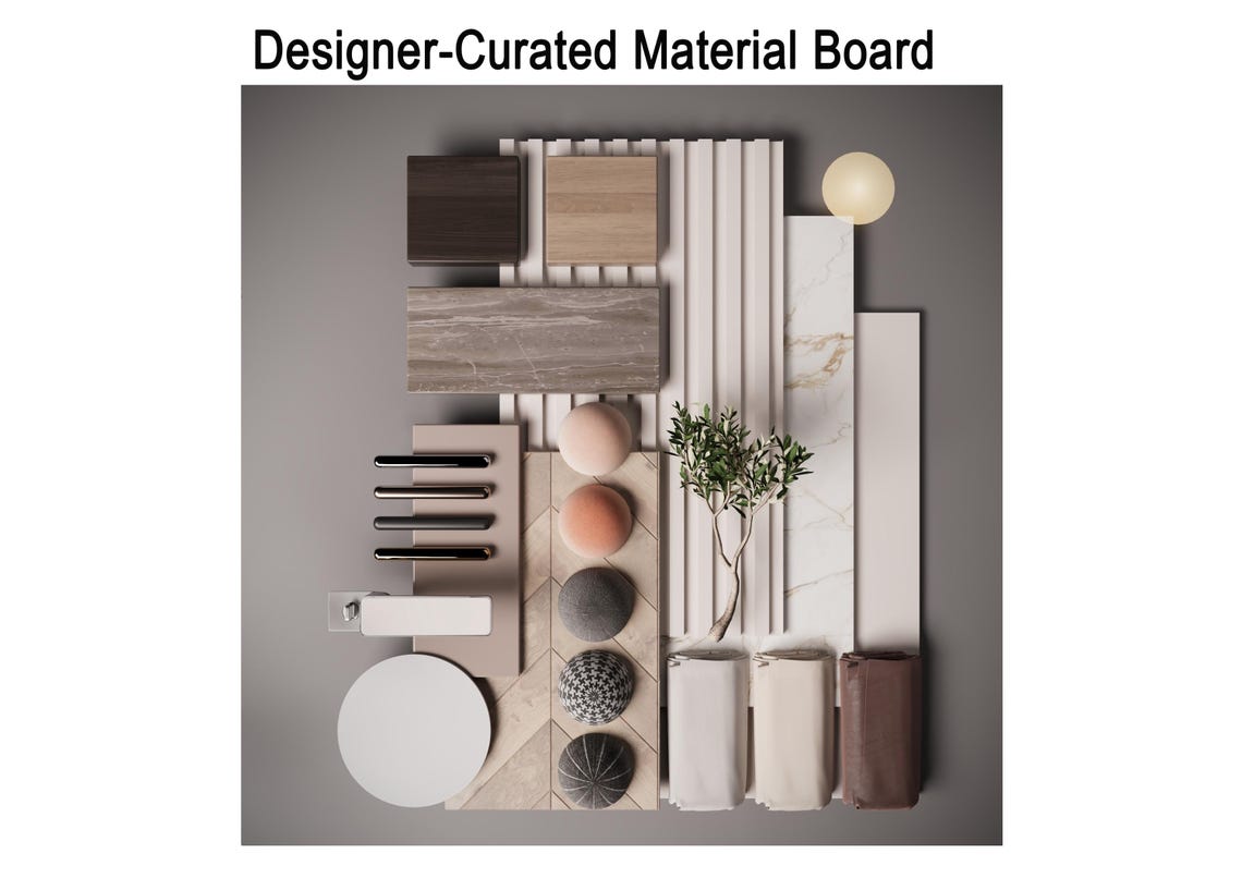 Luxury Neutral Living Room Material Palette – Custom 3D Interior ...