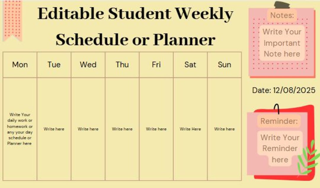 Editable Student Weekly Schedule, Student Weekly Planner, Daily ...