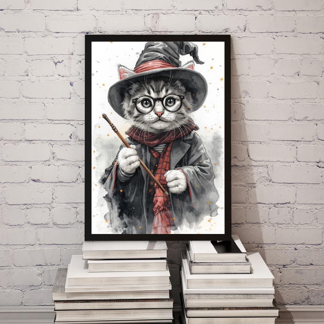 Whimsical Wizard Cat Printable Art – Cute Magical Kitten in Witch Hat ...