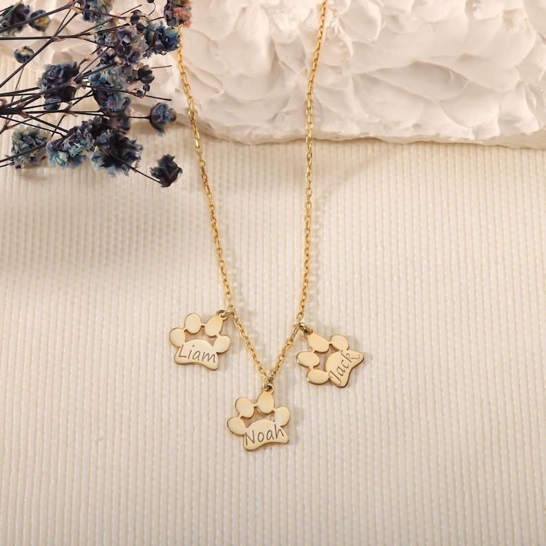 14K Gold Paw Print Necklace, Custom Charm Necklace, Unique Pet Keepsake ...