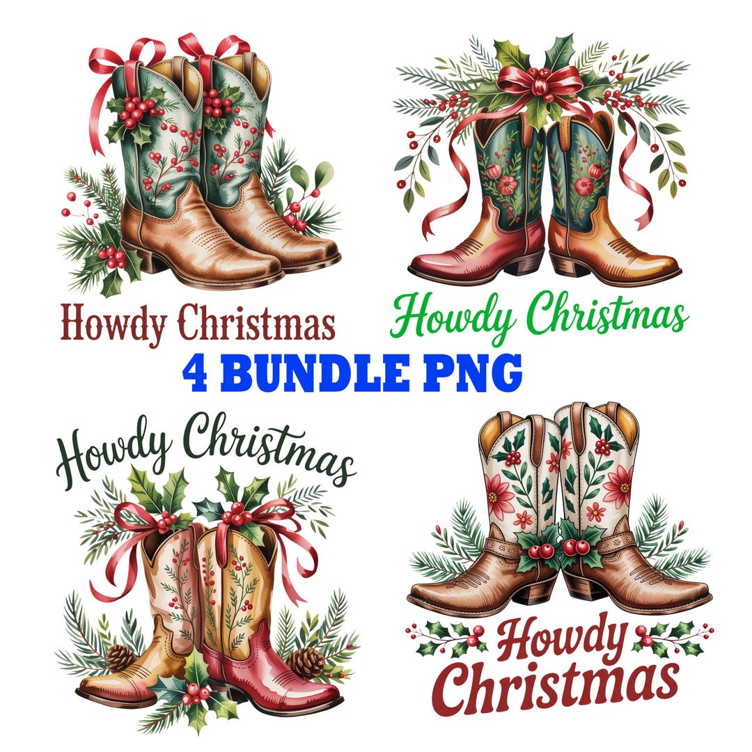 Howdy Christmas Boots PNG Bundle, Cowboy Boots Christmas PNG, Rustic ...