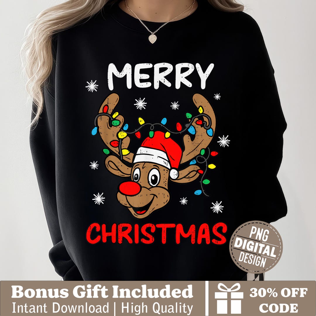 Merry Christmas Reindeer Png, Cute Rudolph Lights Shirt Design, Holiday ...