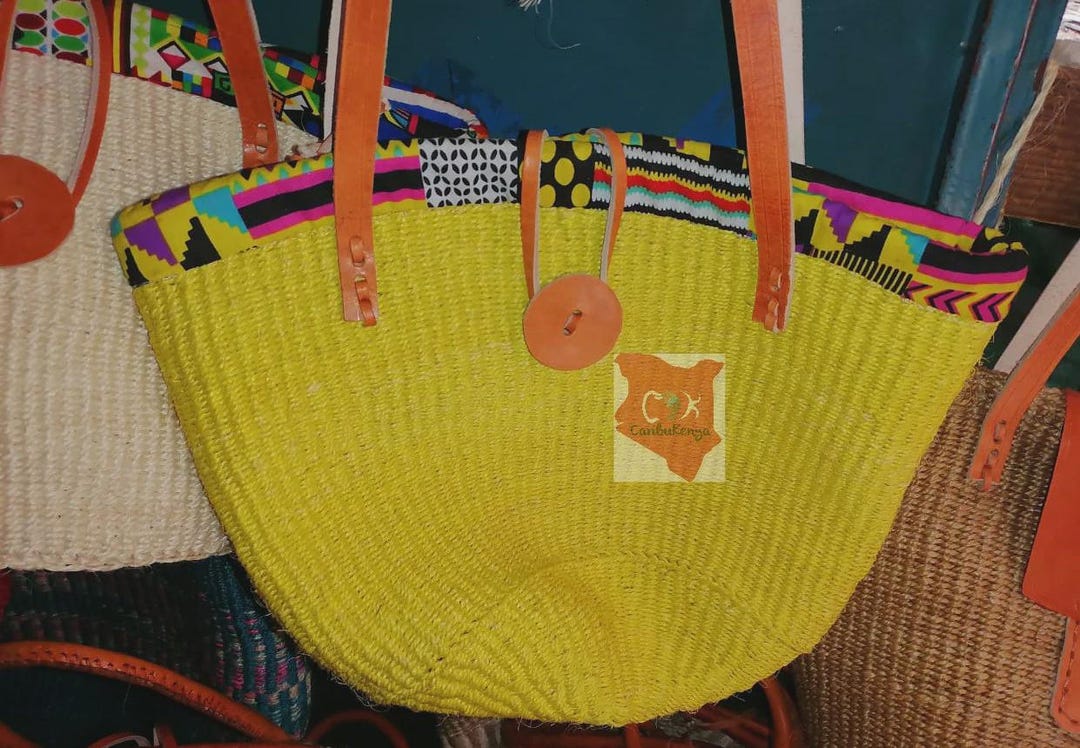 ON SALE 10" by 10 Sisal Handwoven African Tote Bag Kiondo Kitenge ...