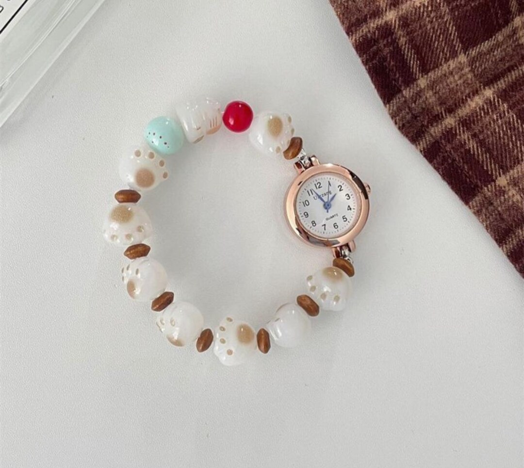Y2K Cute Bead Watch, Green Charm Watch, Bead Chain Watch, Cat Paw Chain ...