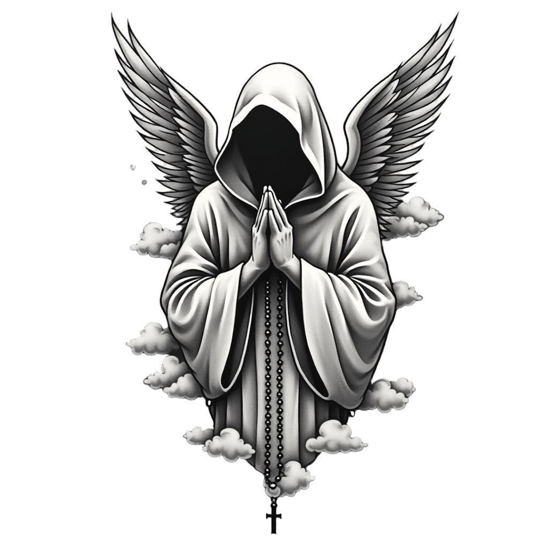Guardian Angel and Rosary – Black & Grey Tattoo Stencil 4K PNG (instant ...