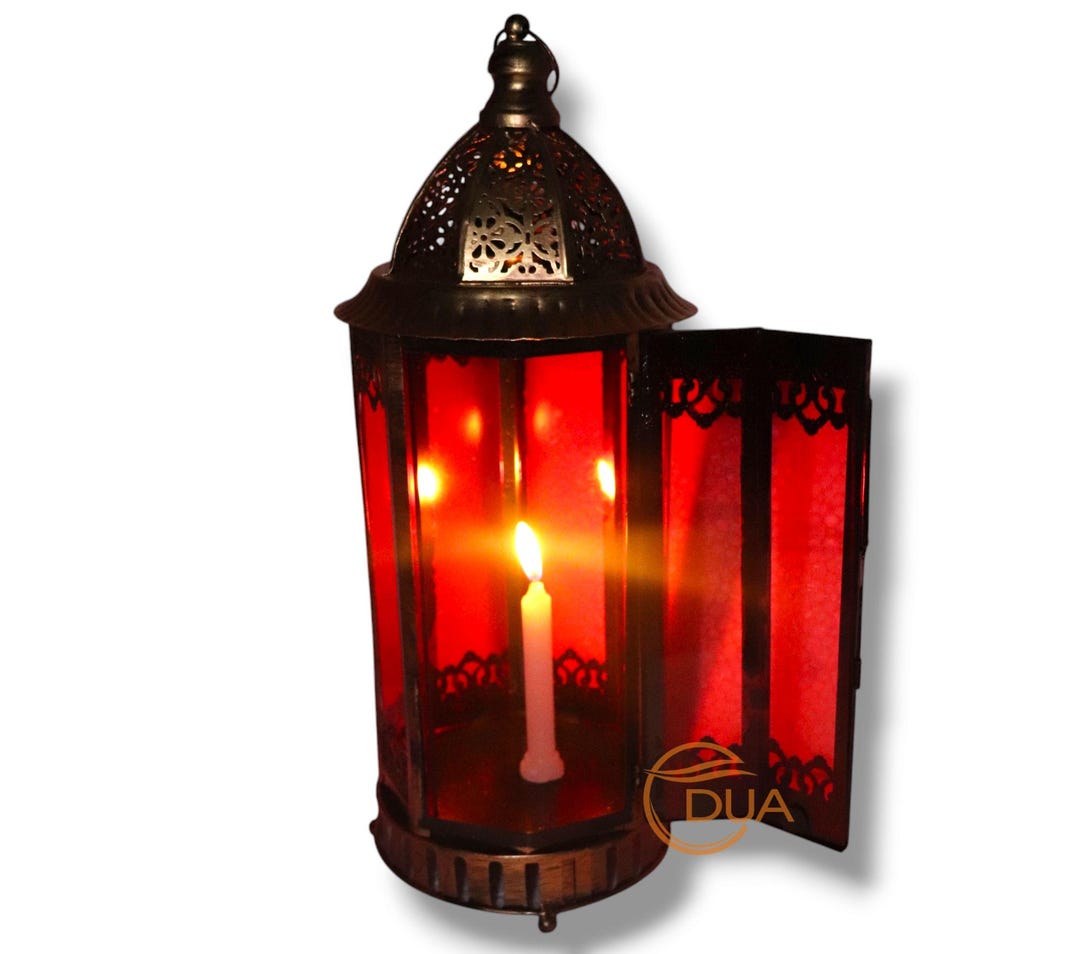 Moroccan Red Glass Lantern: Handmade Metal Candle Holder, 17x6 - Etsy