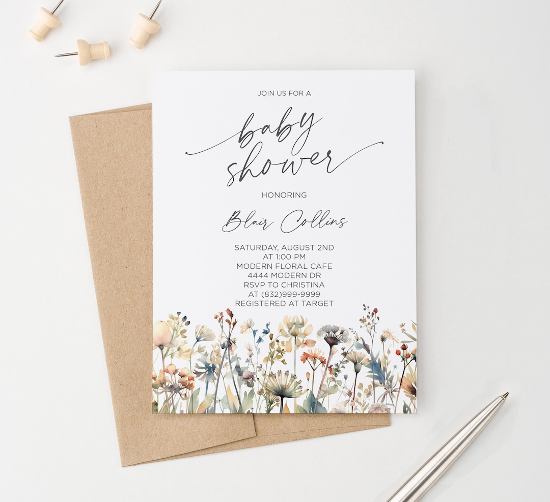 Simple Baby Shower Invitation, Custom Baby Shower Invites, Floral Baby ...