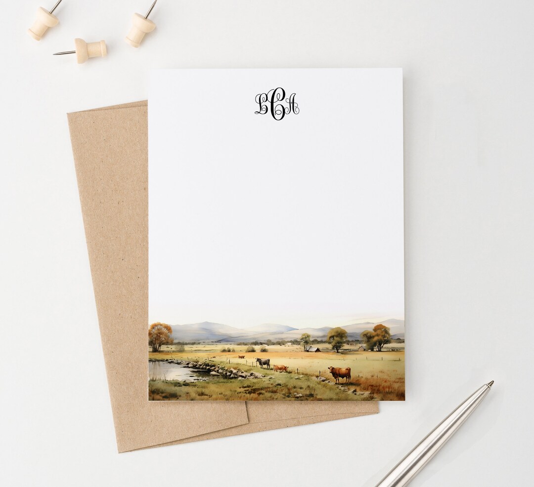 Personalized Monogram Stationery, Flat Note Cards With Envelopes, Farm ...