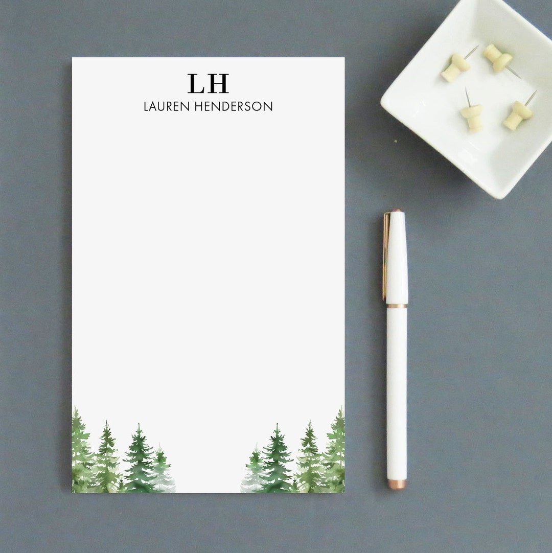 Personalized Monogram Notepad and Envelopes, Watercolor Forest Notepads ...