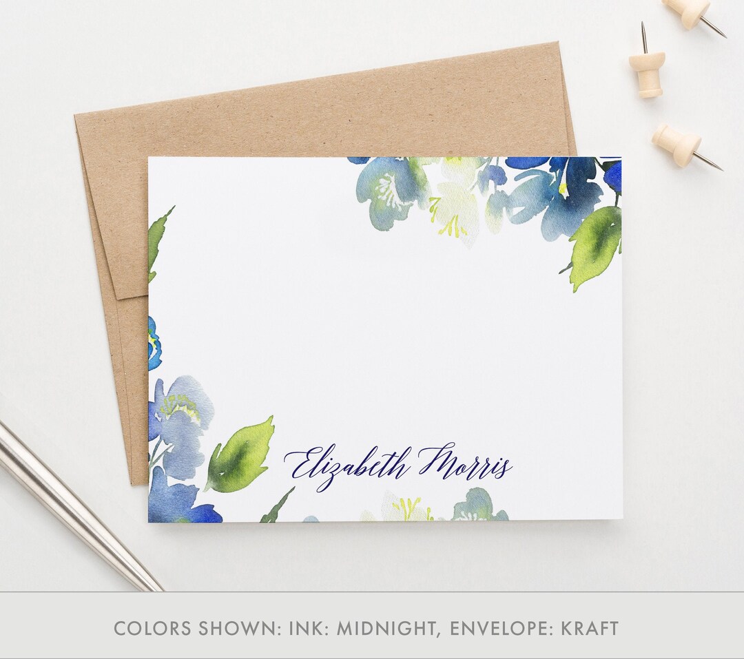 Blue Floral Personalized Stationary Set, Womens Floral Thank You Cards ...