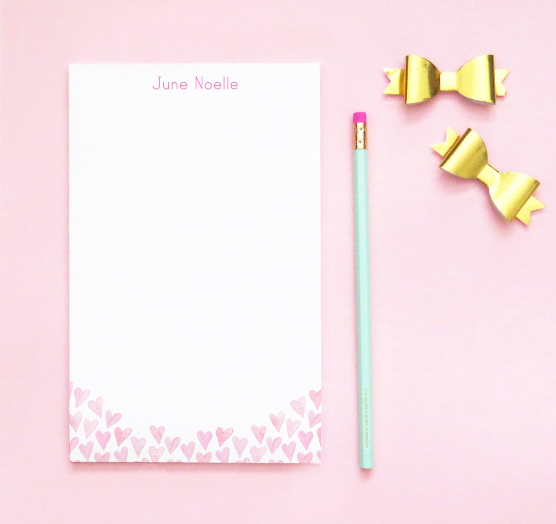 Pink Watercolor Hearts Notepad for Girls Personalized Note Pads With ...