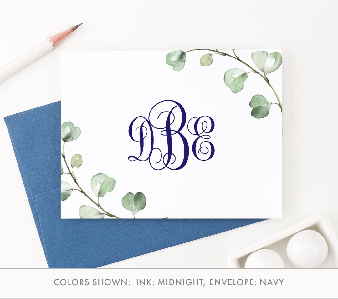 Greenery Monogrammed Stationary Cards, Folded Monogram Stationery Set ...