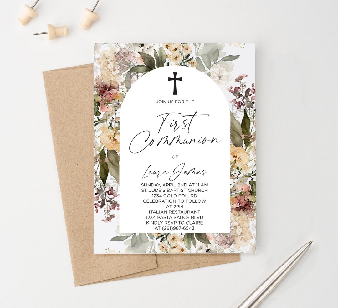 Elegant First Holy Communion Invitation With Arch, Floral Holy ...