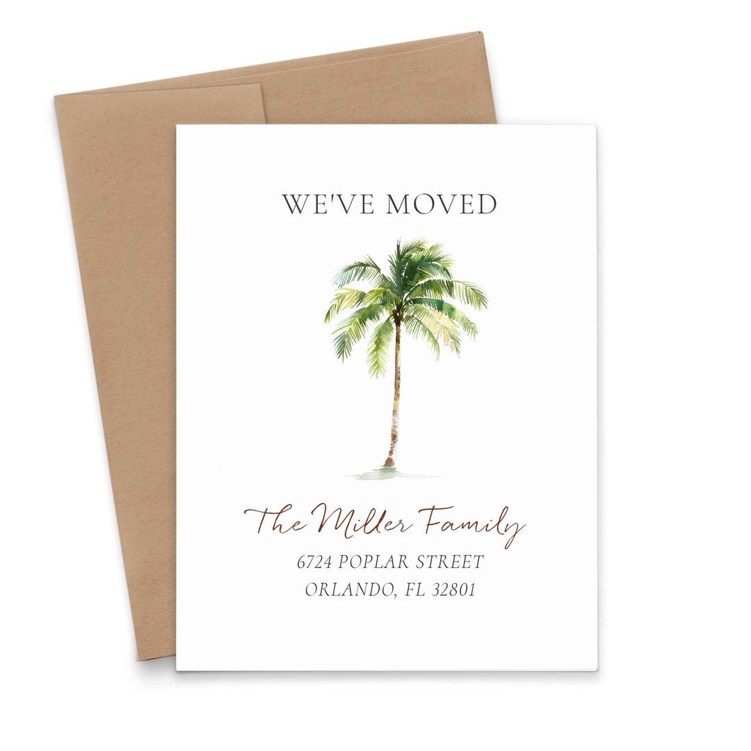 Palm Tree Moving Announcement Cards With Envelopes Set, FLAT Watercolor ...
