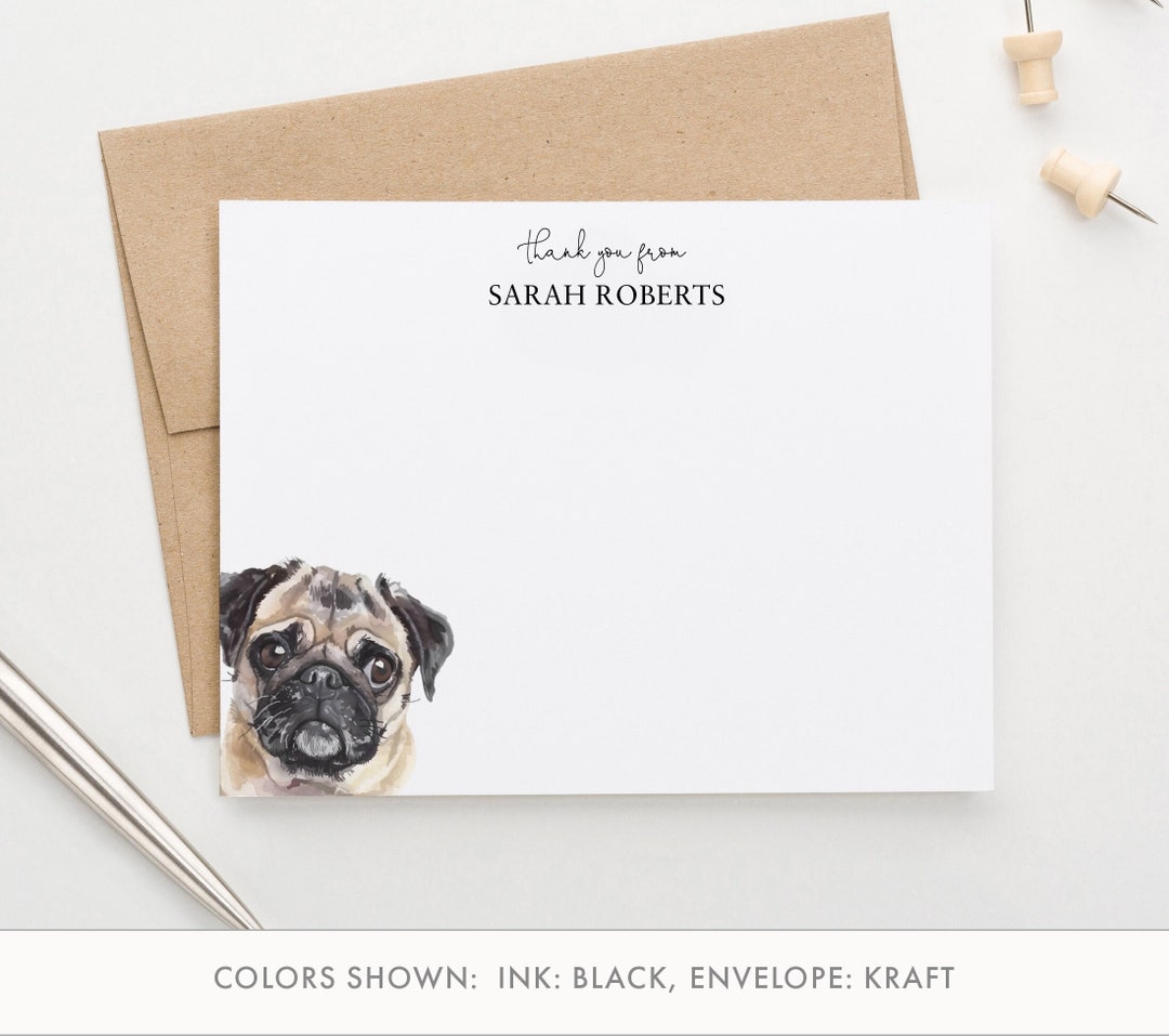 Pug Thank You Card With Envelope, Choose Your Dog Breed, Flat ...