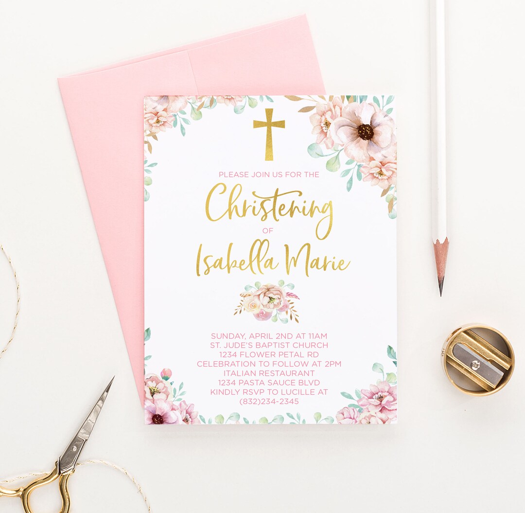 Rustic Floral Christening Invitation Floral Christening - Etsy