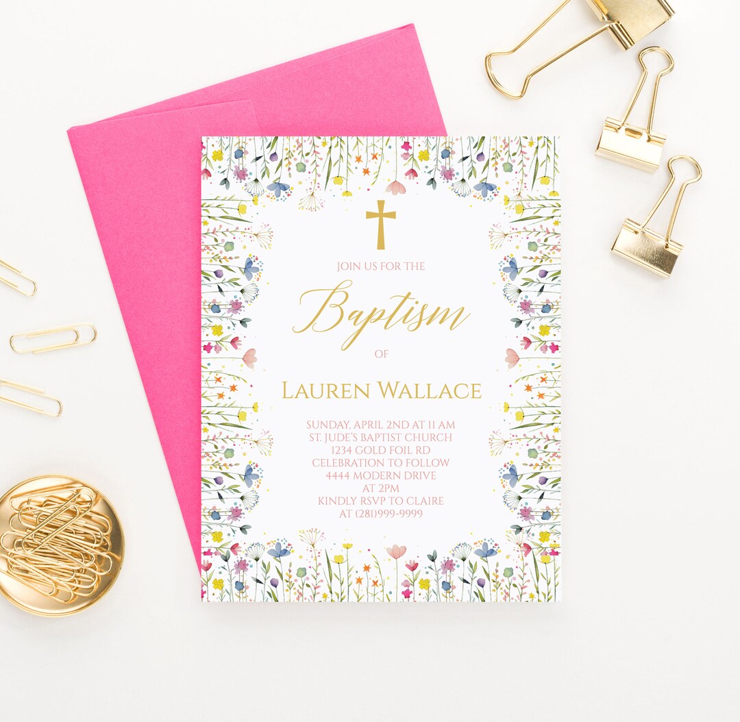 Spring Floral Baptism Invitations, Personalized Baptismal Invitation ...