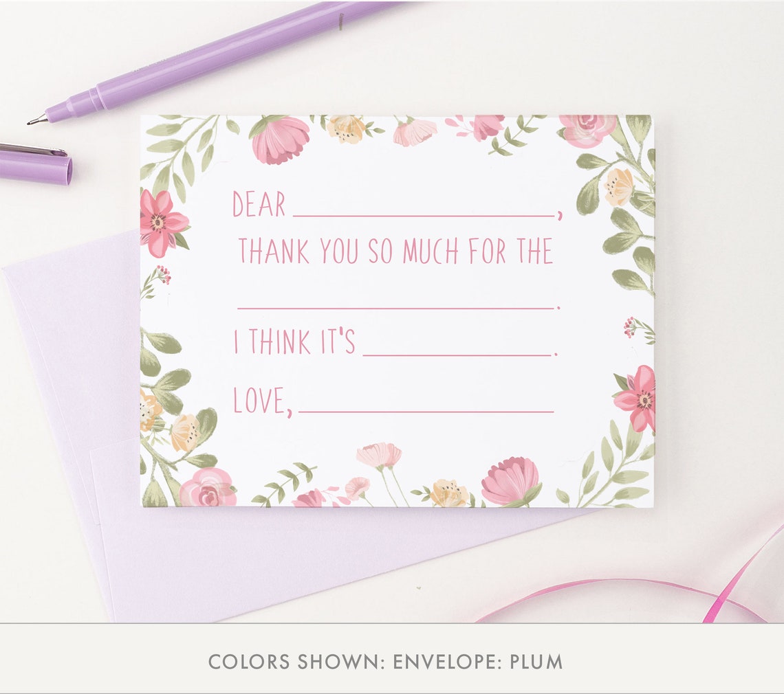 Pink Floral Kids Thank You Notes Fill in Thank You Cards for | Etsy