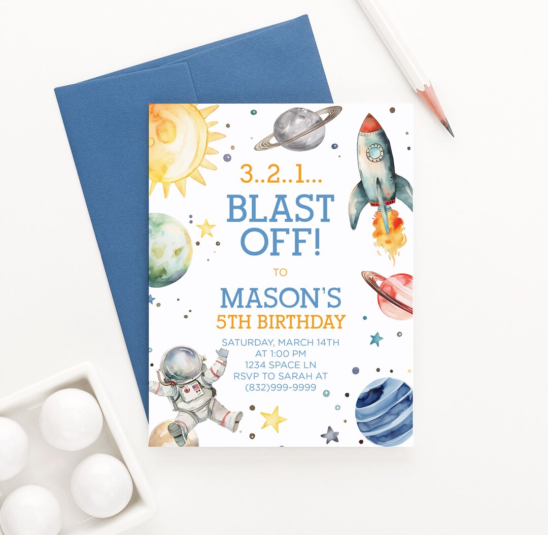 3 2 1 Blast off Invitations With Envelopes, Personalized Birthday ...