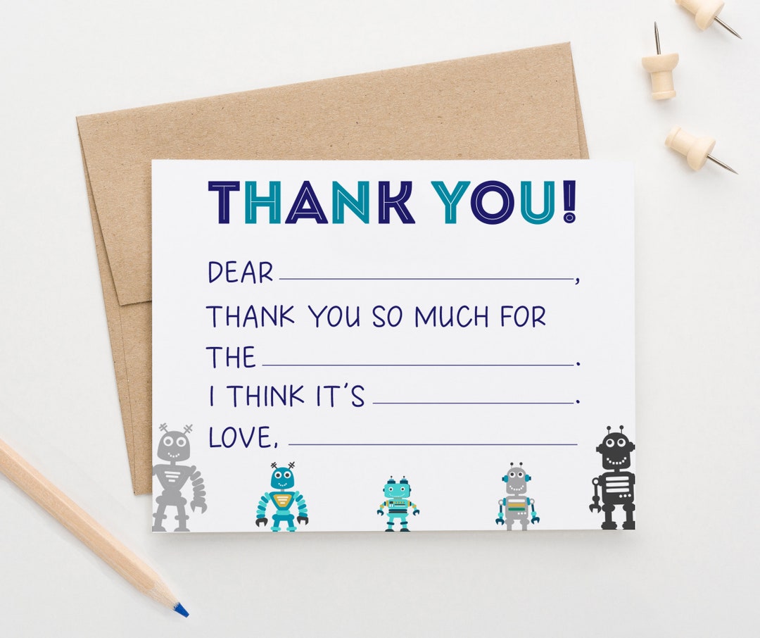 Robot Fill in the Blank Thank You Cards Kids Cute Thank You Fill in ...