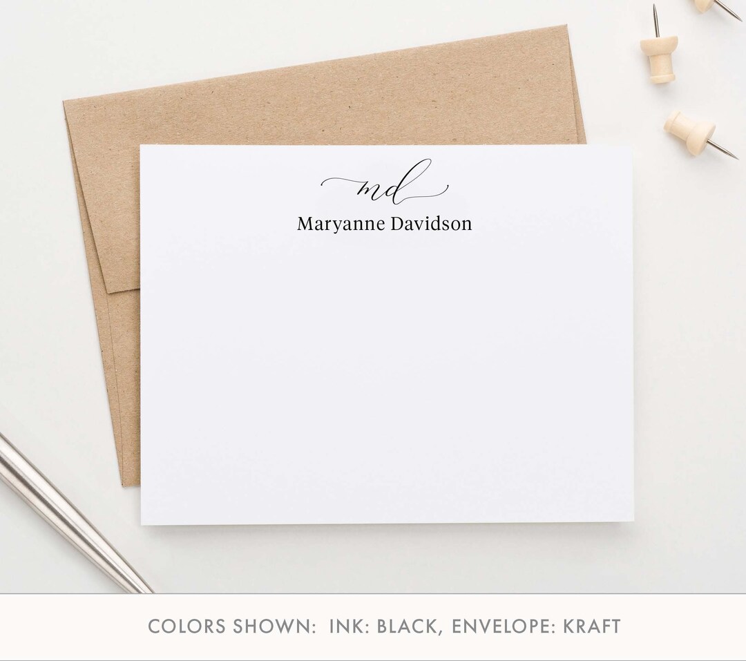 Simple 2 Initial Monogram Note Cards With Name, Personalized Womens ...