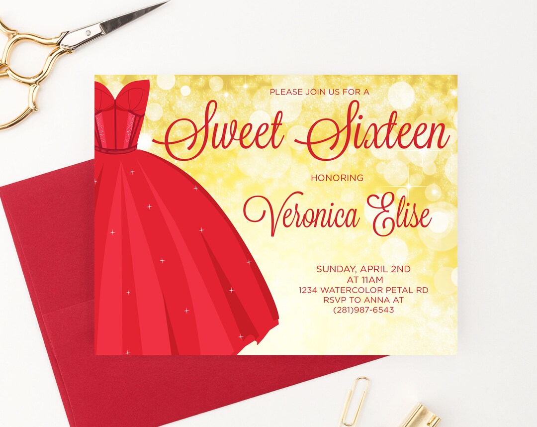 Red and Gold Sweet 16 Invitation Red and Gold, Elegant Sweet Sixteen ...