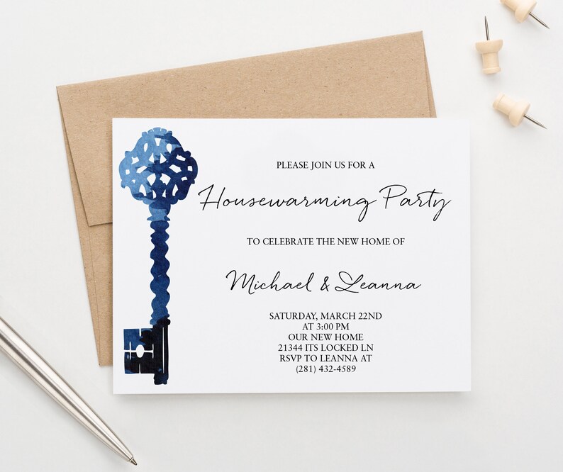 Blue Watercolor Key Housewarming Party Invitations Download | Etsy