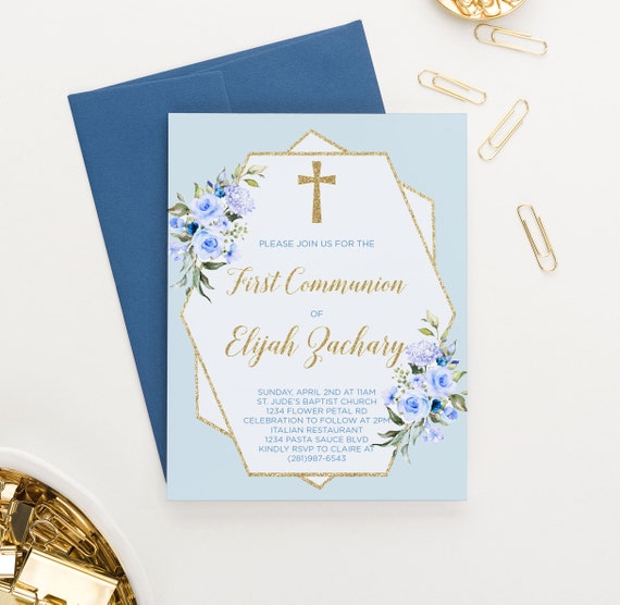 Blue Floral First Communion Invitations Boys First Communion - Etsy