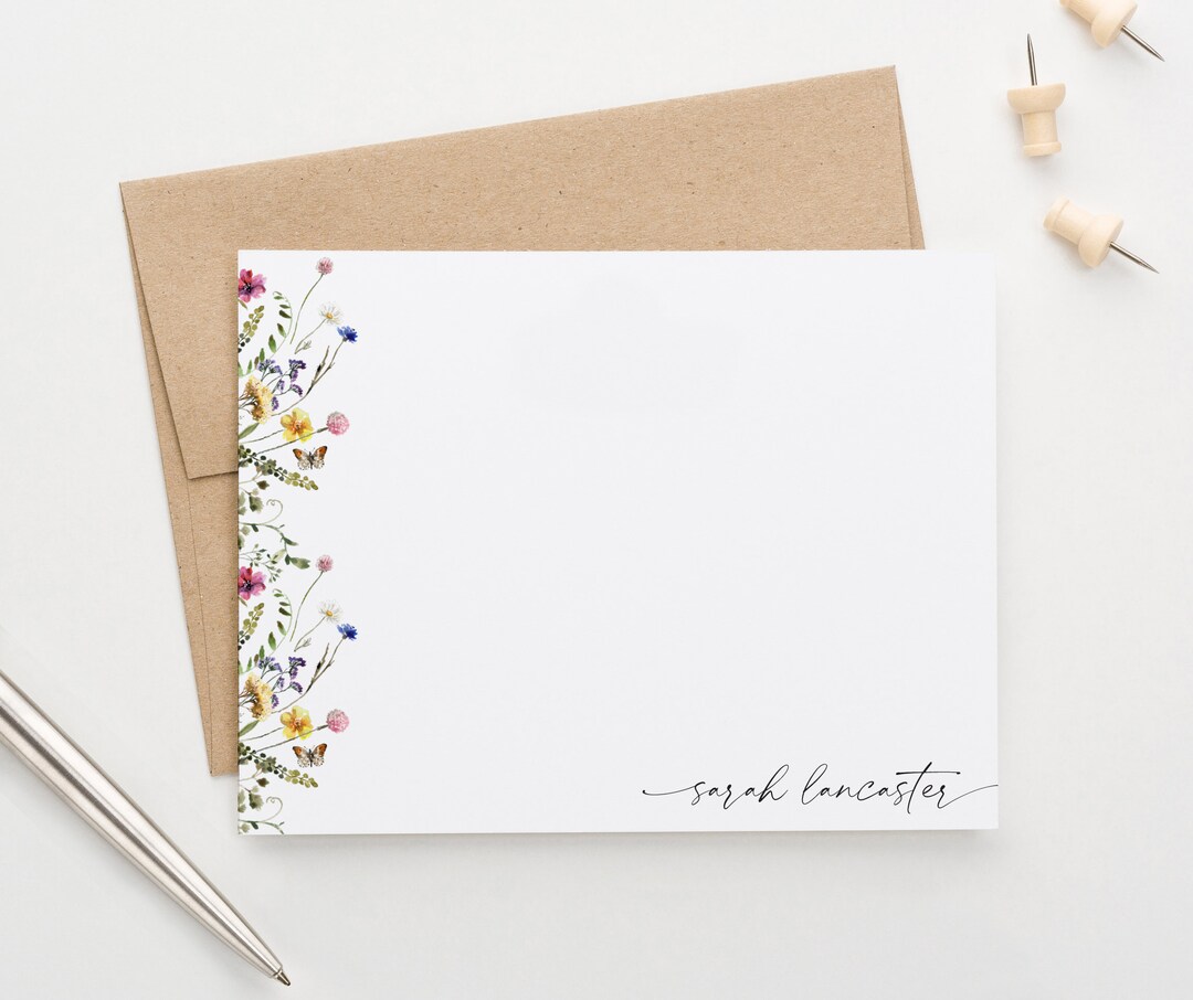 Personalized Note Cards With Border, Wildflower Stationary Watercolor ...
