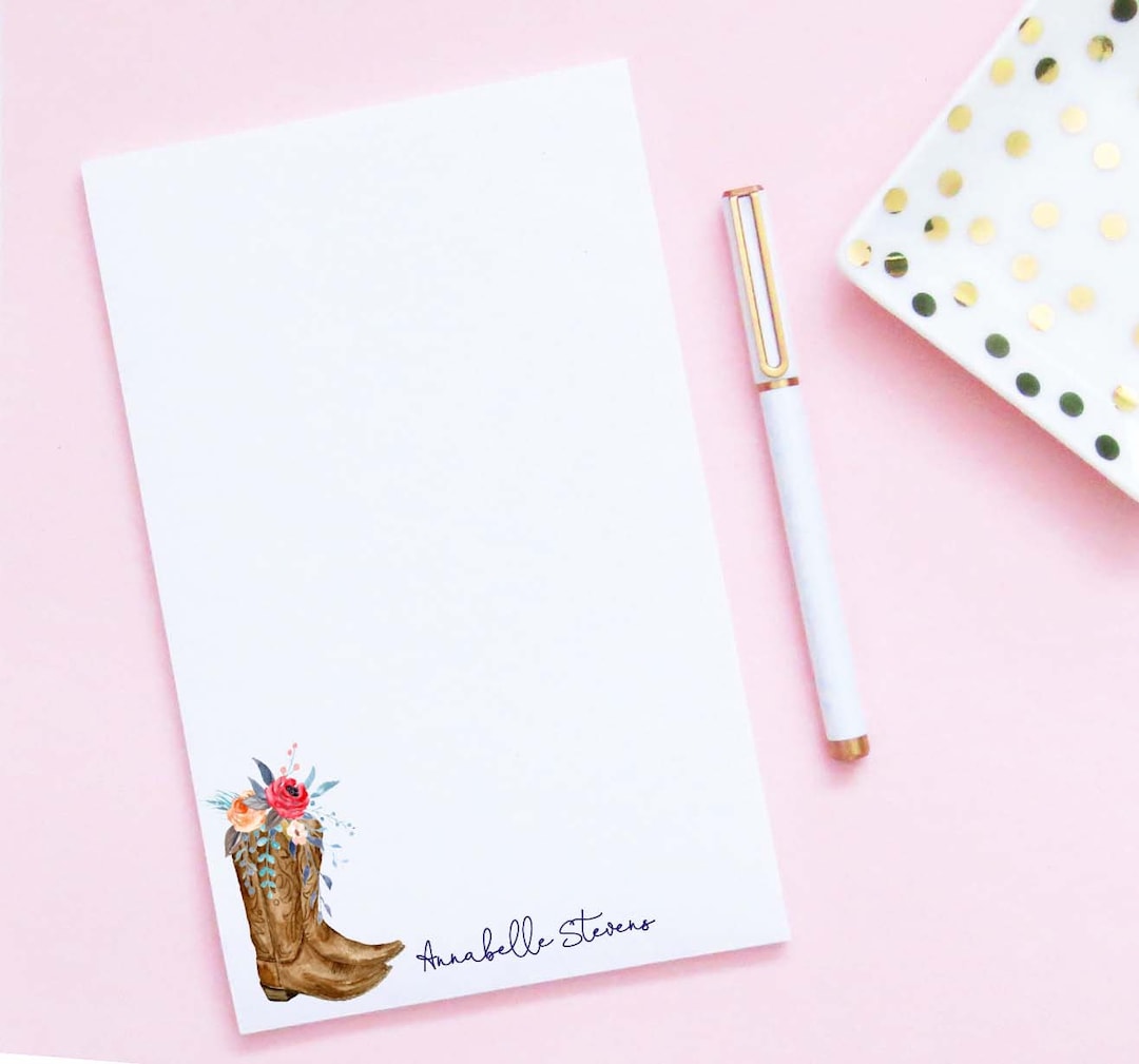 Womens Western Boots Note Pad Personalized With Script, Elegant Floral ...