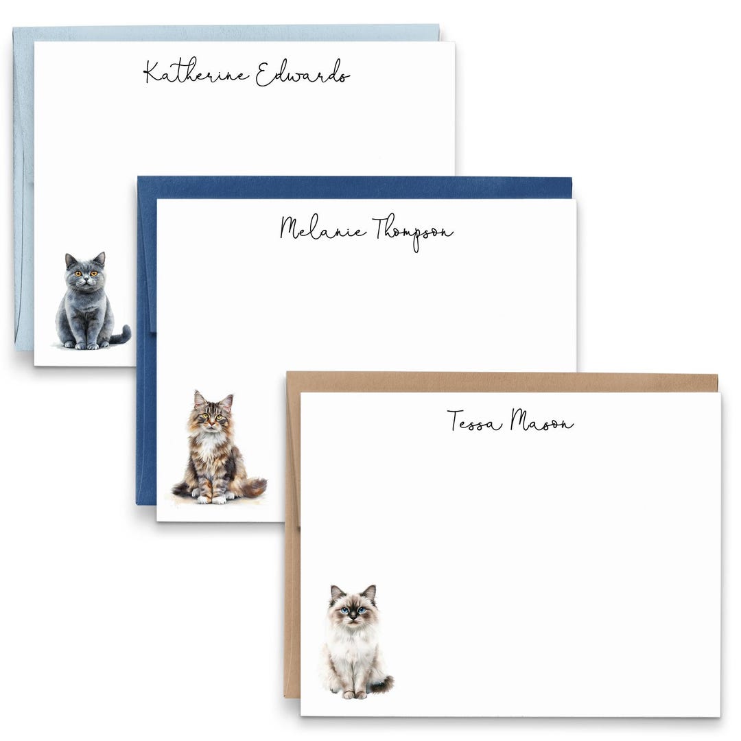 Personalized Cat Stationary Notecards With Name, Choose Your Cat Breed ...