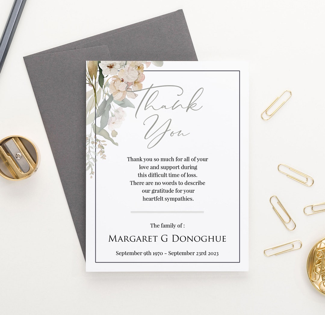 Personalized Funeral Thank You Cards With Envelopes, Floral Watercolor ...