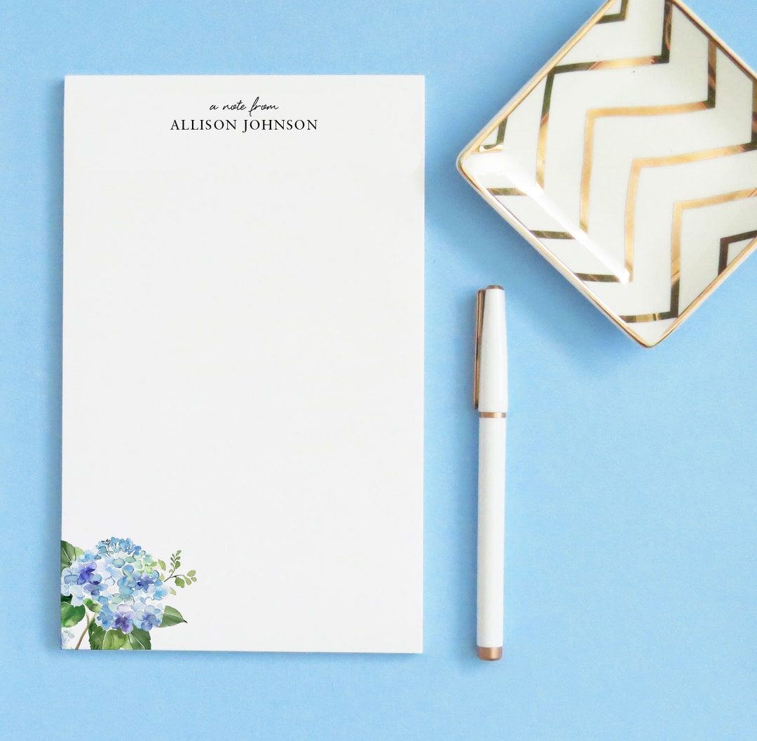 Elegant Notepads With Name, Watercolor Hydrangea Notepad Stationary ...