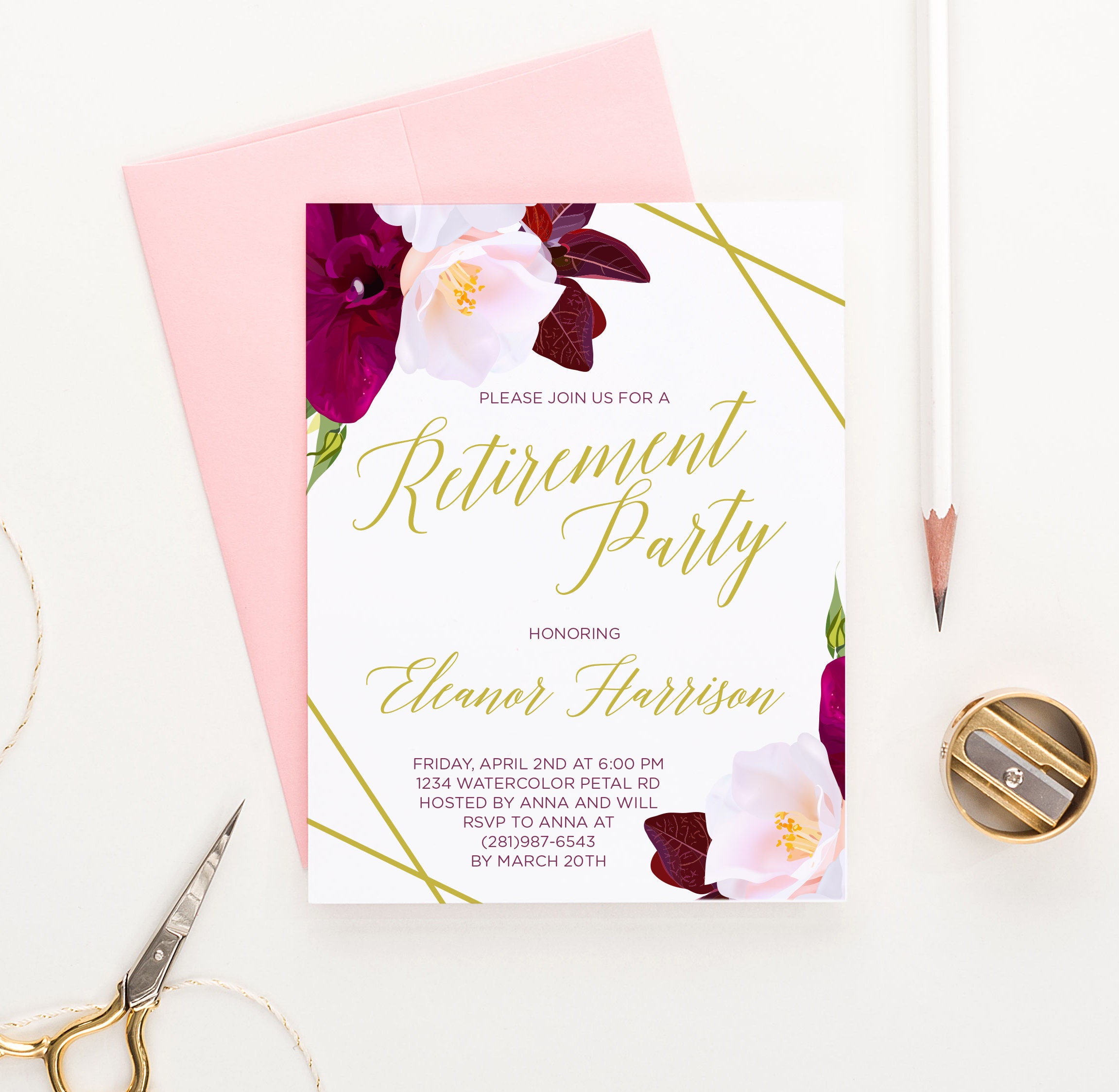 Borgogna Floral Retirement Party Inviti Fiori Pensione | Etsy