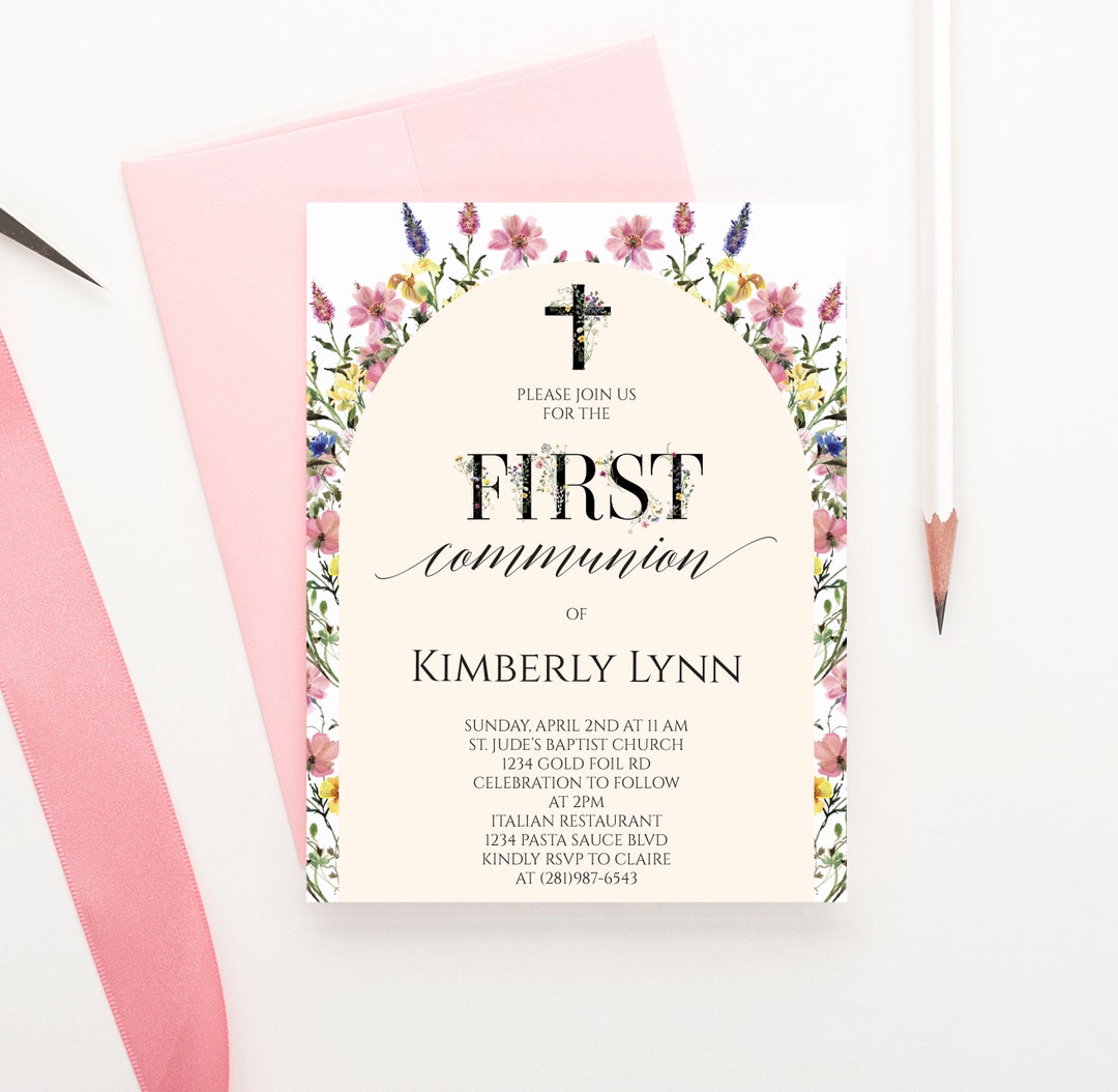 Personalized Holy Communion Invitations With Envelopes, Floral First ...