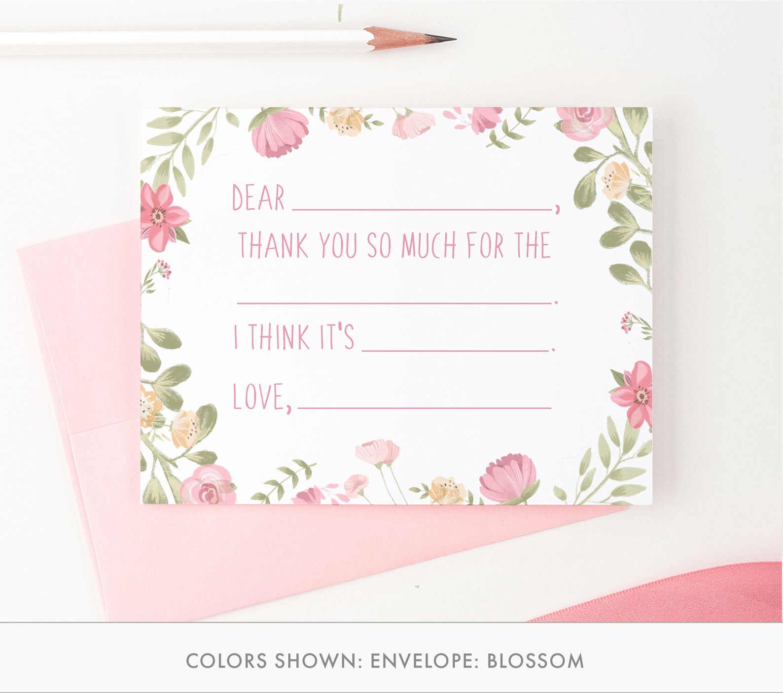 Pink Floral Kids Thank You Notes Fill in Thank You Cards for | Etsy