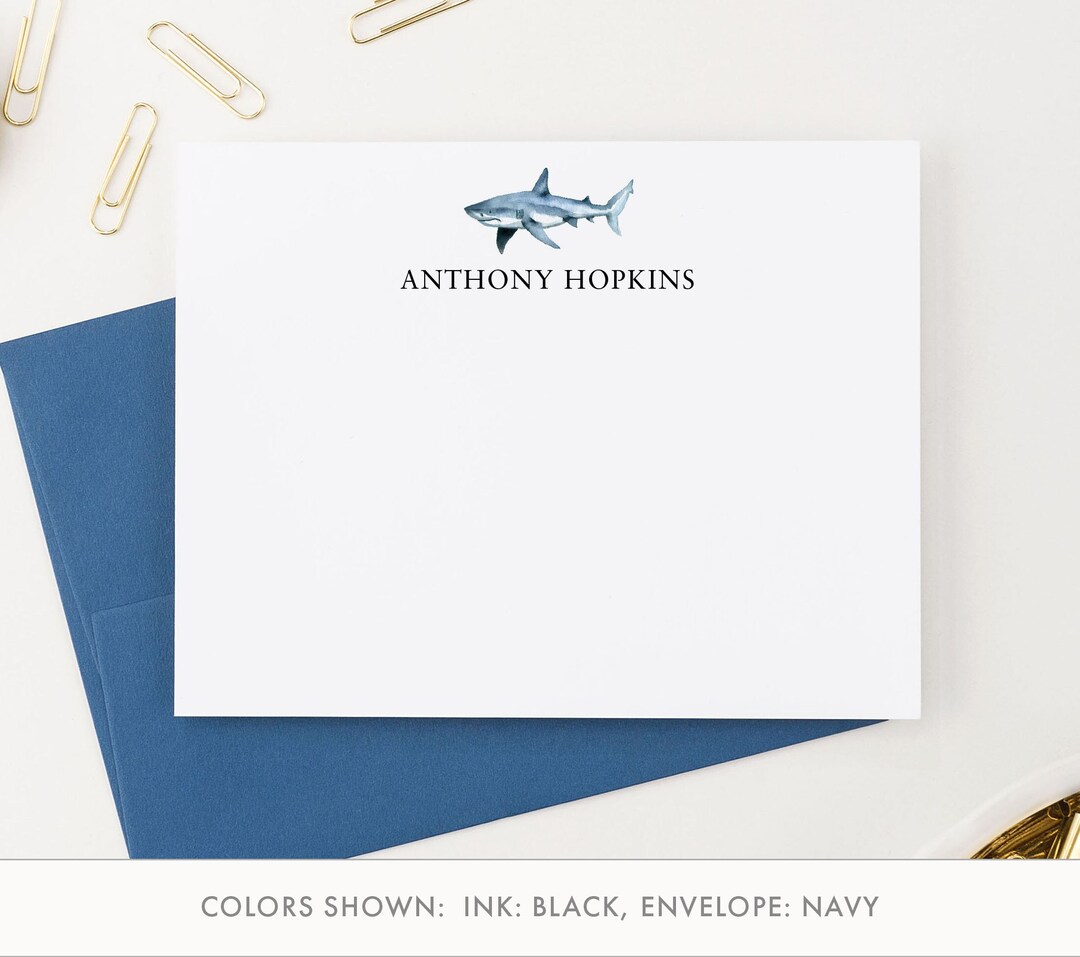 Personalized Notecards With Envelopes, Flat Shark Stationary Set for ...