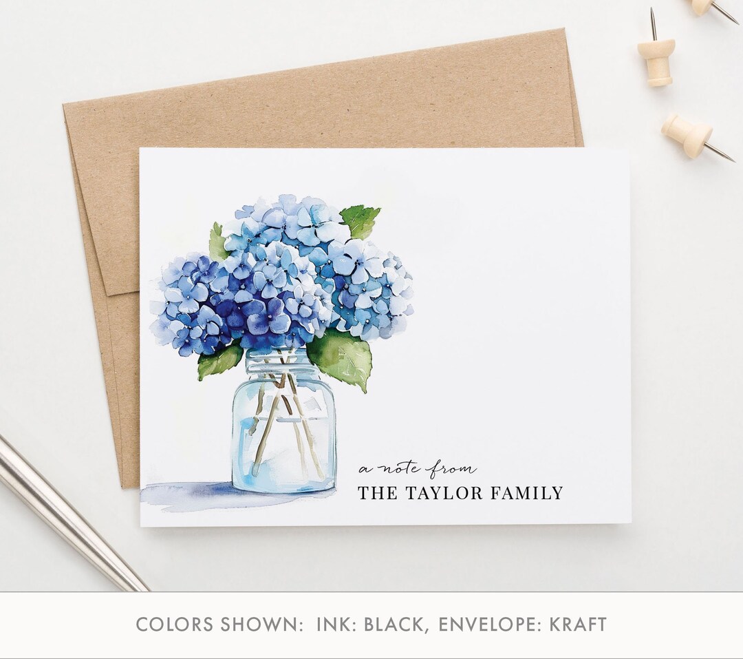 Personalized Family Stationery With Flowers, Folded Watercolor Blue ...