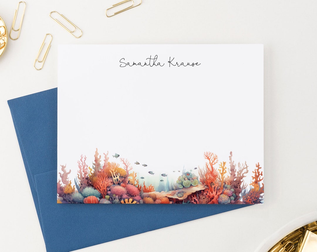 Personalized Stationary for Women, Flat Note Cards With Name, Ocean ...