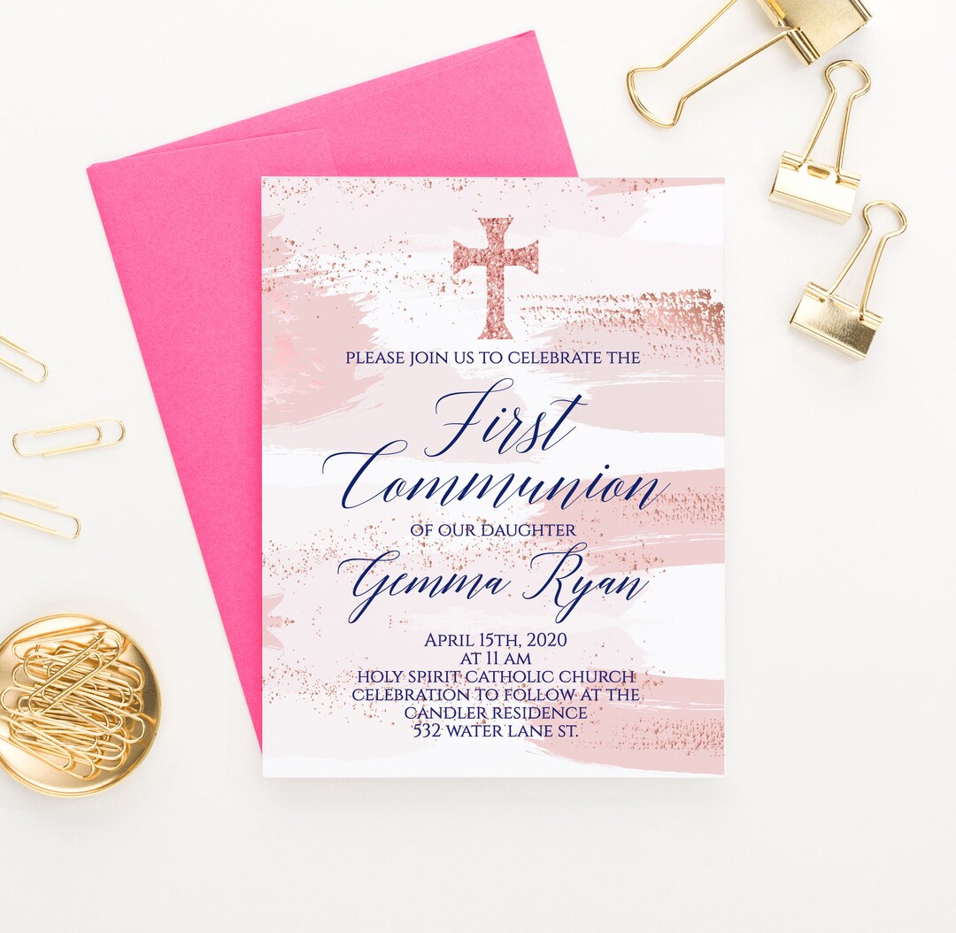 Pink Water Color First Communion Invitation Pink and Navy - Etsy