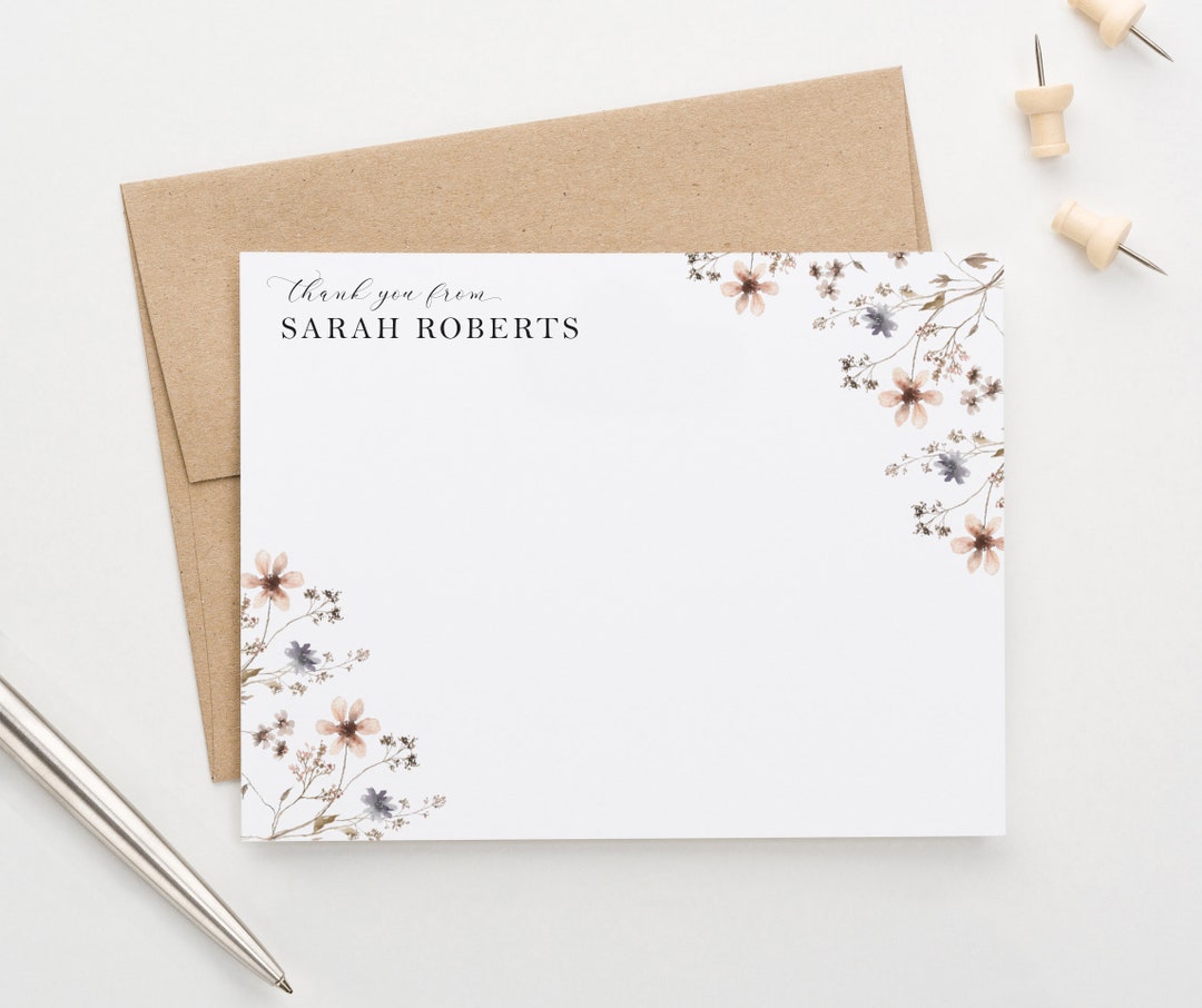Customized Thank You Note Card Set, Floral Personalized Stationery ...