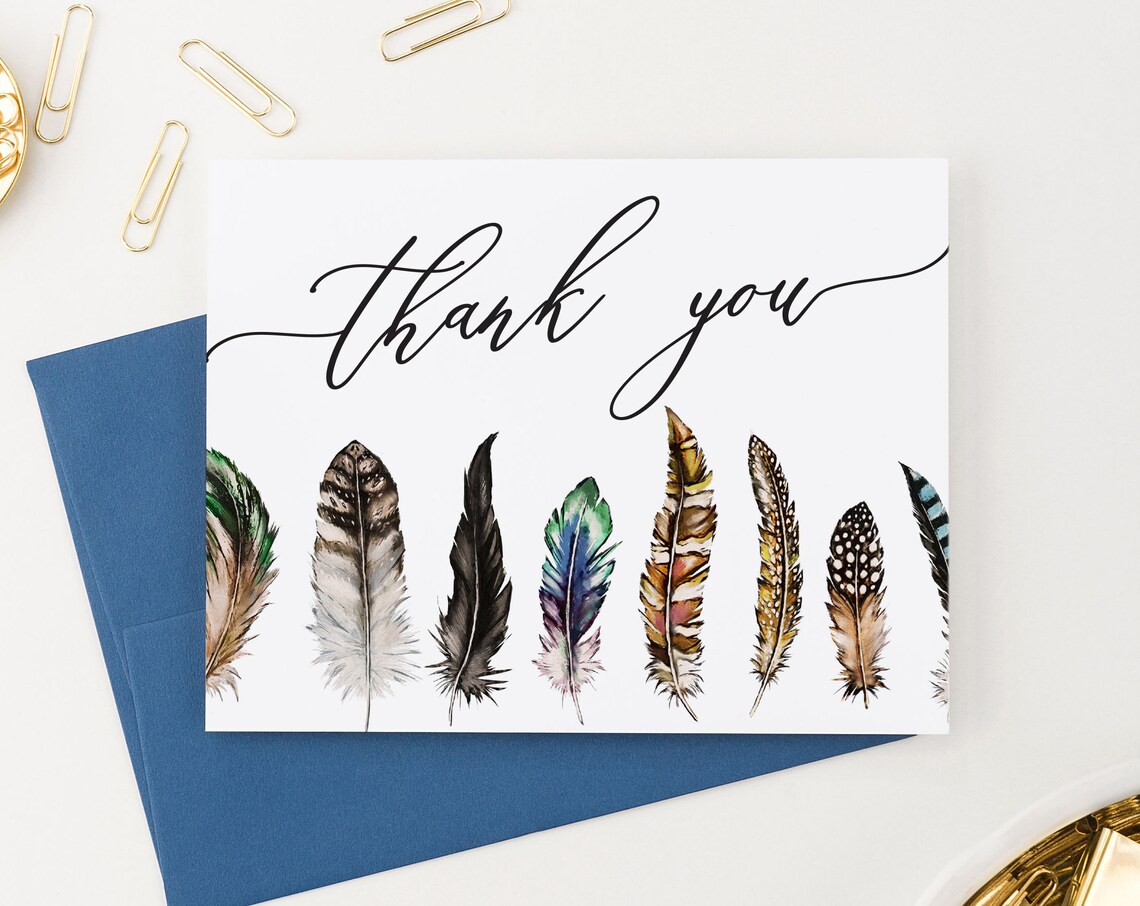 Feather Thank You Cards, Boho Thank You Cards Bohemian, Feathers Thank ...