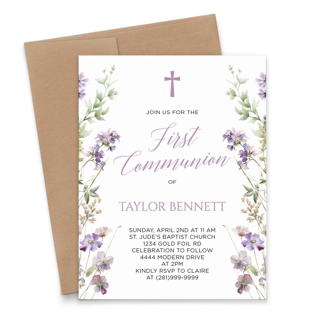 Custom First Communion Invitations With Envelopes, Floral Holy ...