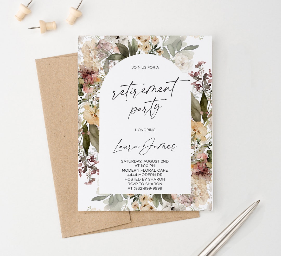 Personalized Retirement Party Invitations, Floral Watercolor Retirement ...