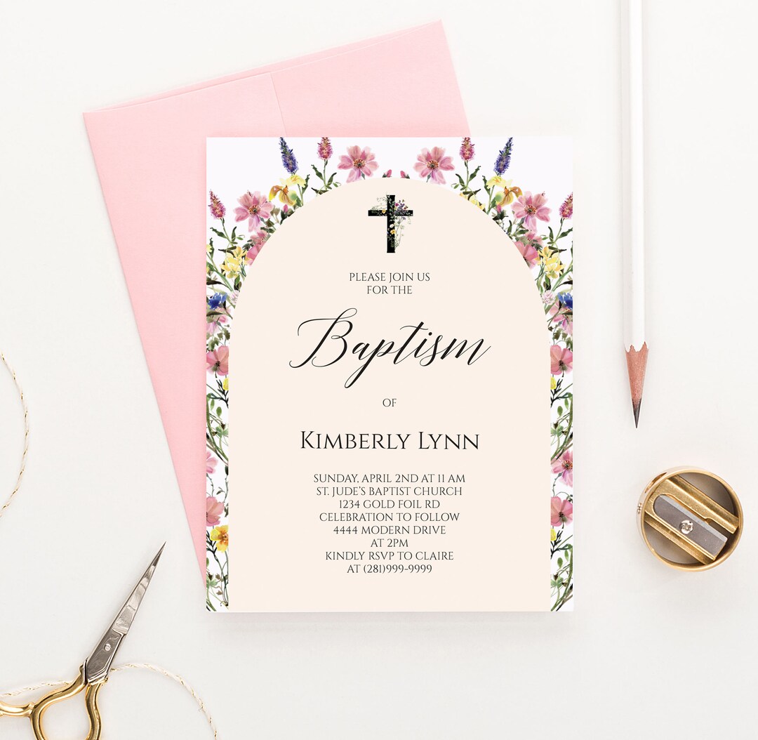 Floral Modern Baptism Invite, Personalized Baptismal Invitation With ...