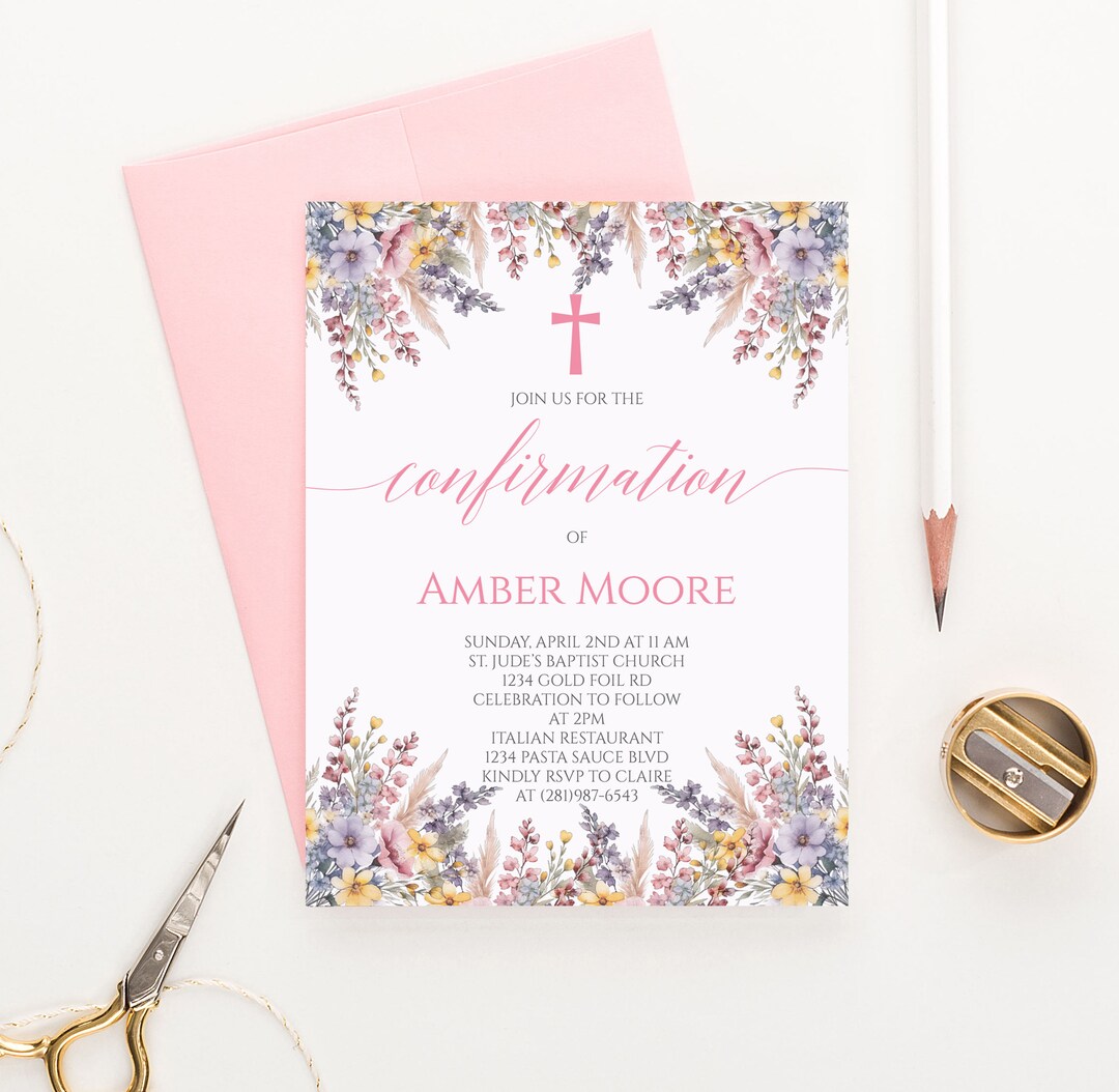 Custom Confirmation Invitation With Cross, Floral Confirmation Invites ...