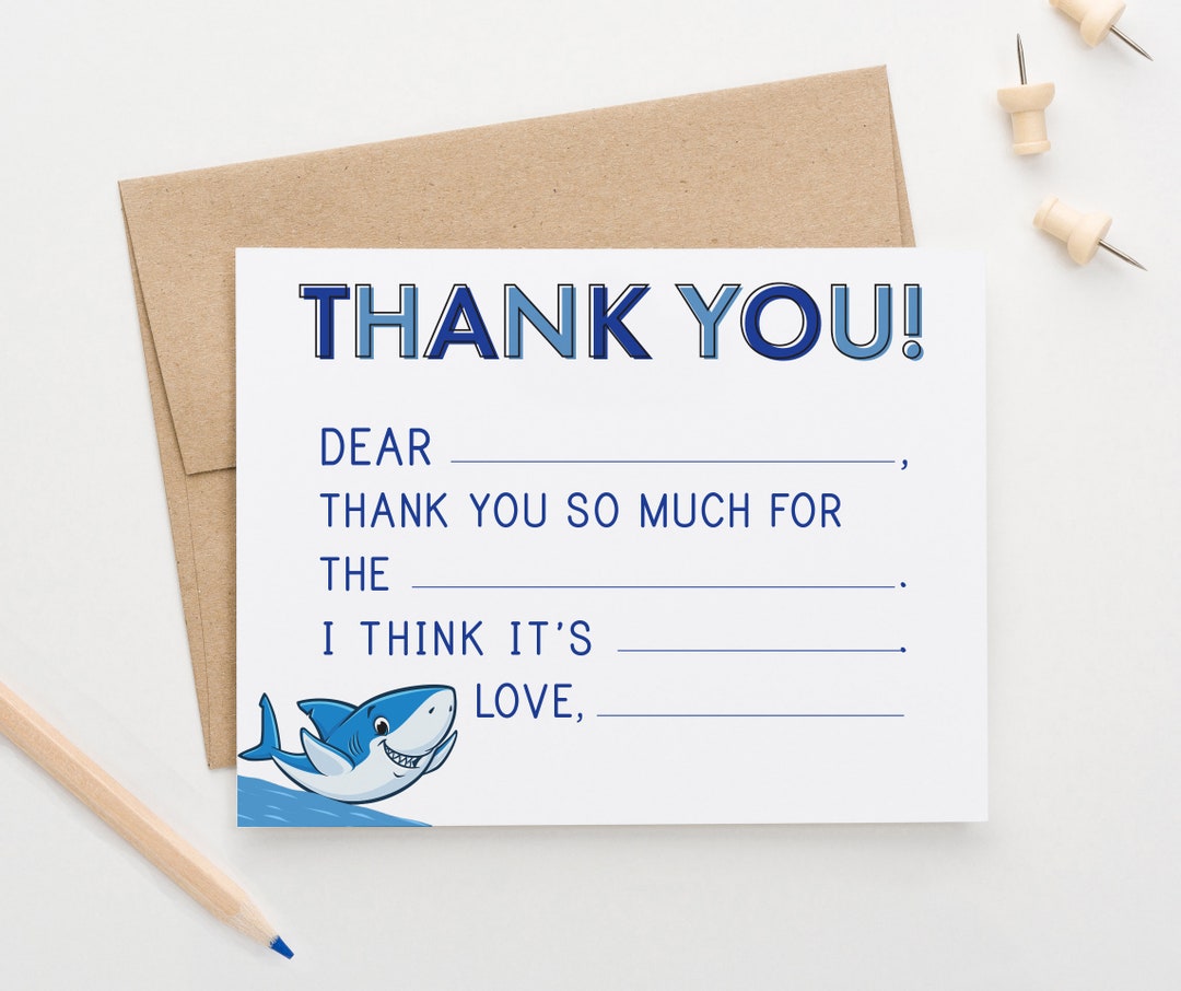 Shark Fill in Thank You Note for Kids Fill in the Blank Thank You Cards ...