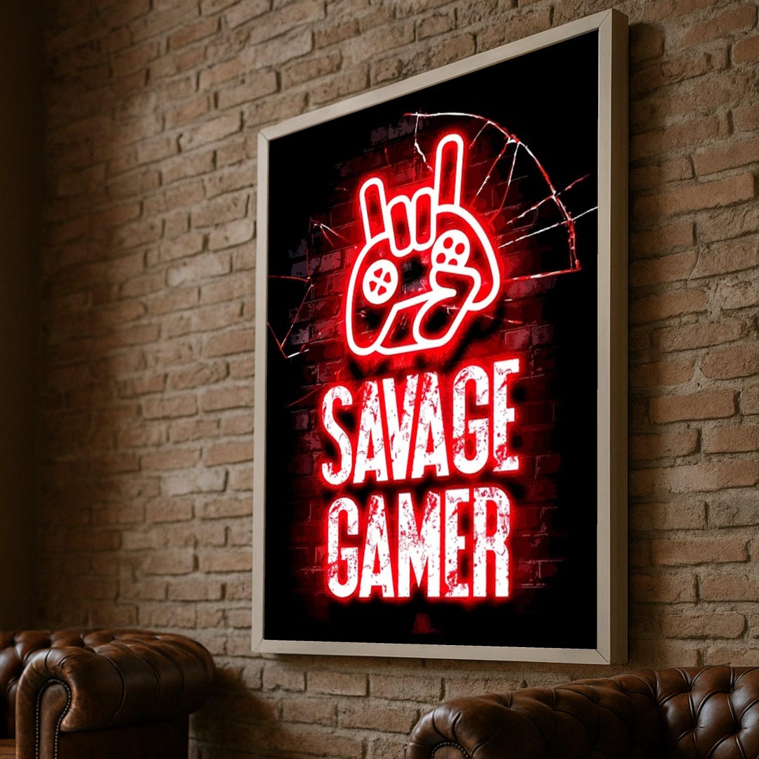 Savage Gamer Neon Sign Canvas, Gaming Controller Wall Art, Video Game ...